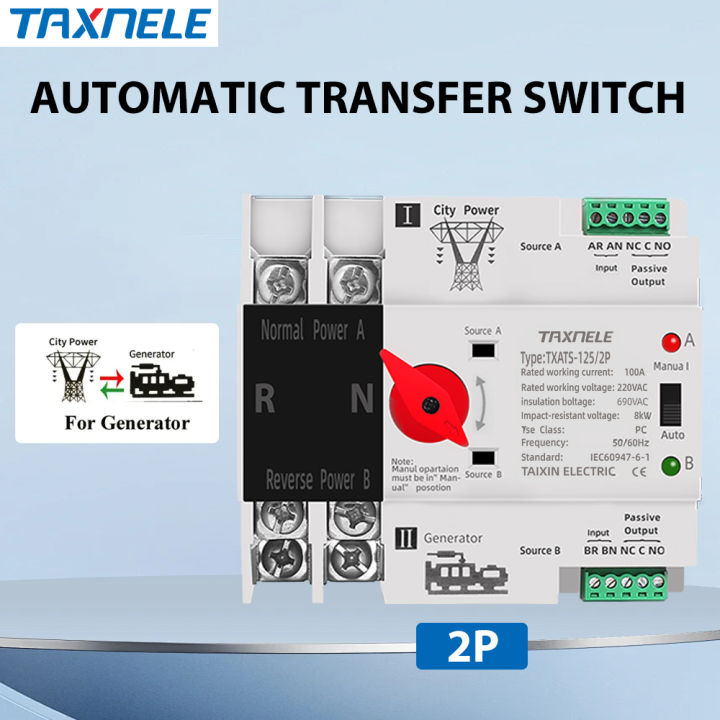 Single Phase 2P 63A 100A 125A Din Rail ATS 220V Dual Power Automatic Transfer Electrical ...