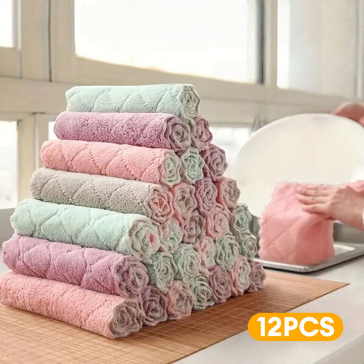 12pcs Tuala Microfiber Penyerap Lembut Lap Dapur Untuk Pembersihan ...