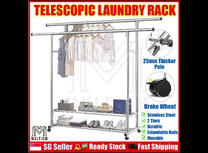 Stainless Steel Telescopic Laundry Rack with Brake Wheels and 2 Tiers ...