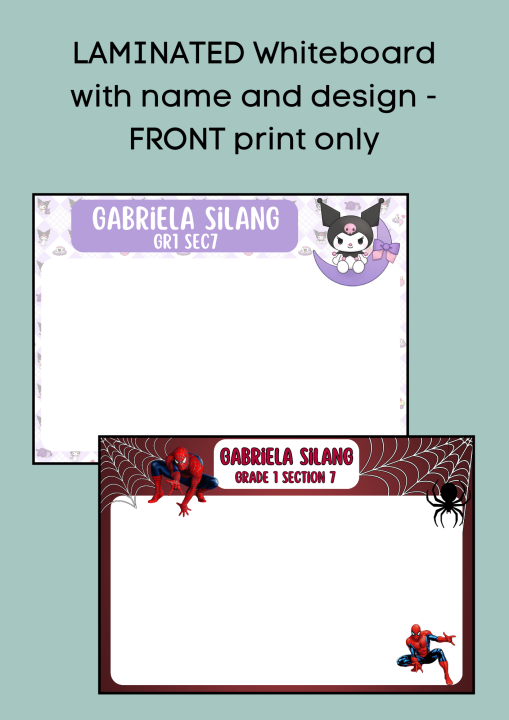 LAMINATED Whiteboard with name and design - A4 size FRONT print only ...