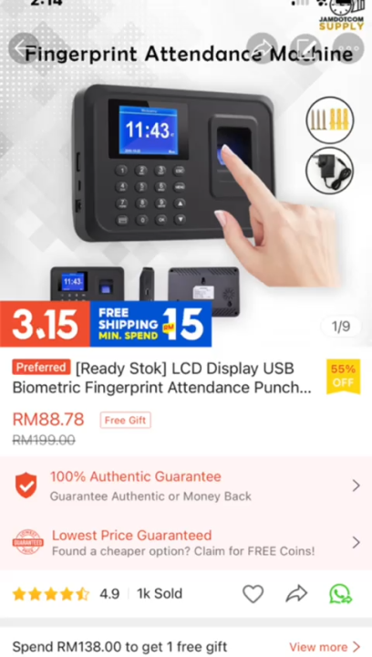 Ship from KL Fingerprint Time Attendance Digital Finger Print Punch ...