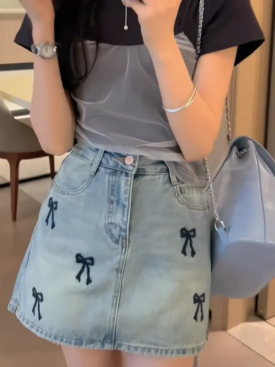 GHAOHES กระโปรงทรงเอ /S-5XL/ โบว์เย็บปักถักร้อย สาวอวบ เอวสูง ผ้าไม่ยืด กระโปรงขาสั้น | Lazada.co.th