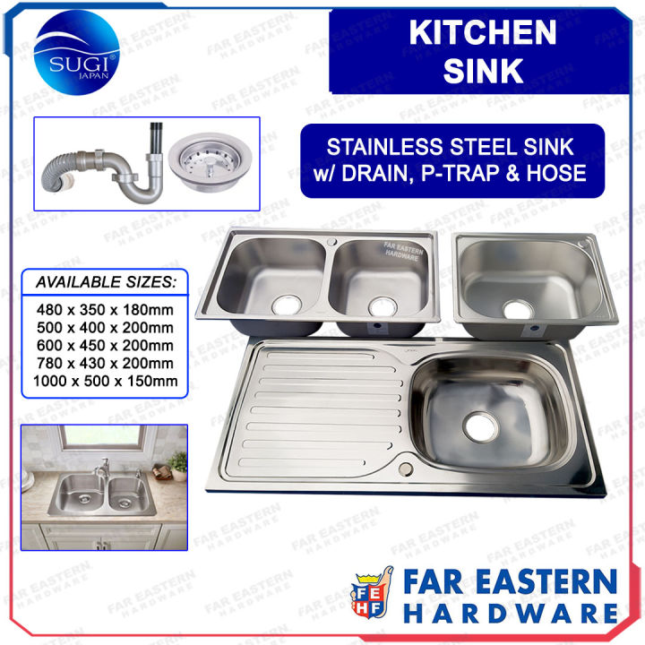 SUGI JAPAN Kitchen Sink Single | Double Stainless Steel w/ Drain P-Trap ...