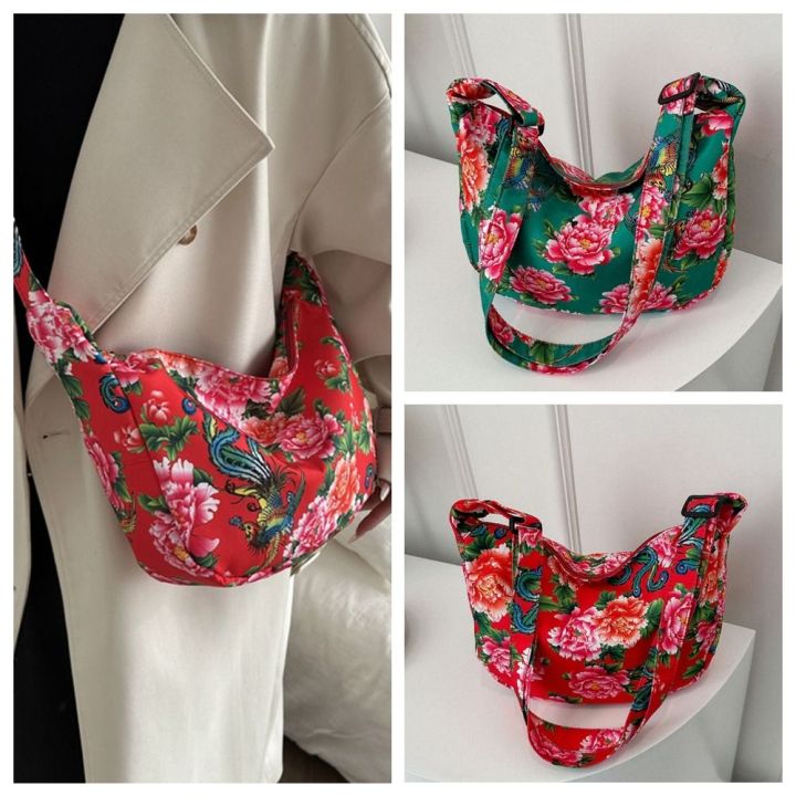 AI LIAN ไนลอนทำจากไนลอน กระเป๋าผ้าใบสะพายข้าง ซิปมีซิป ลายดอกไม้ลาย ...