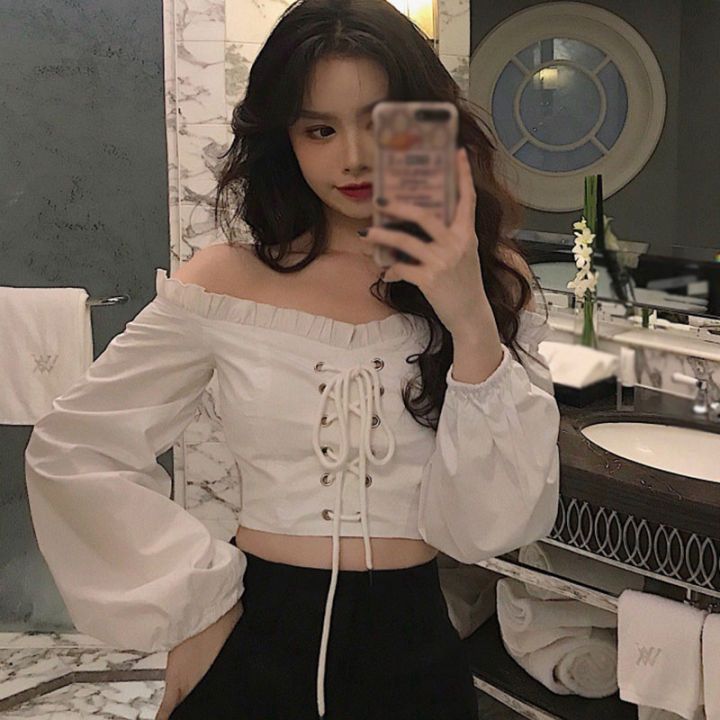 Women korean crop top Off Shoulder Tops Lace Two Wear High Waist Shirt ...