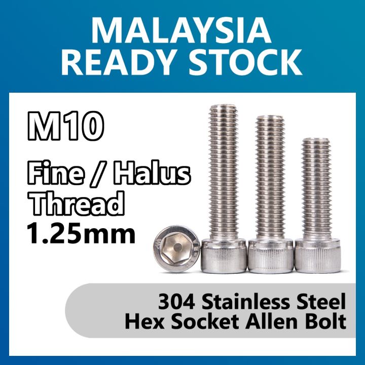 M10 x 1.25mm Fine Threaded Hex Socket Cap Head Screws 304 Stainless Steel SHINY SURFACE Allen ...