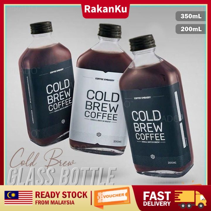 RakanKu MALAYSIA 200&350mL Cold Brew Coffee Flat Clear Glass Bottle With Black Screw Cap Juice ...