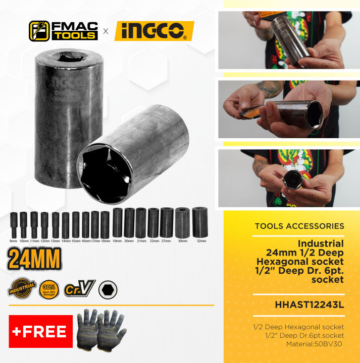 INGCO 24mm 1/2 Deep Hexagonal socket 1/2" Deep Dr. 6pt. socket ...
