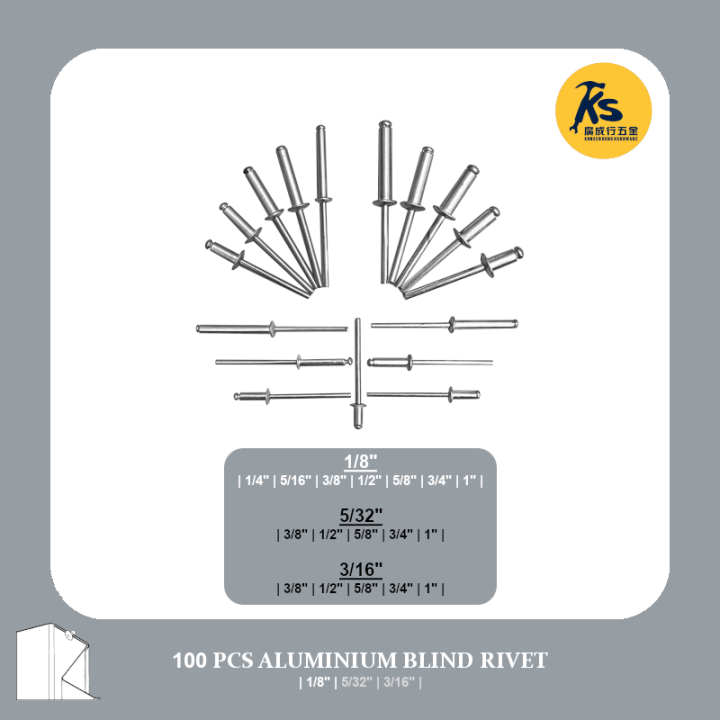 100 PCS 1/8" Aluminium Blind Rivet ( 1/8" X 1/4" | 1/8" X 5/16" | 1/8" X 3/8" | 1/8" X 1/2" | 1/ ...