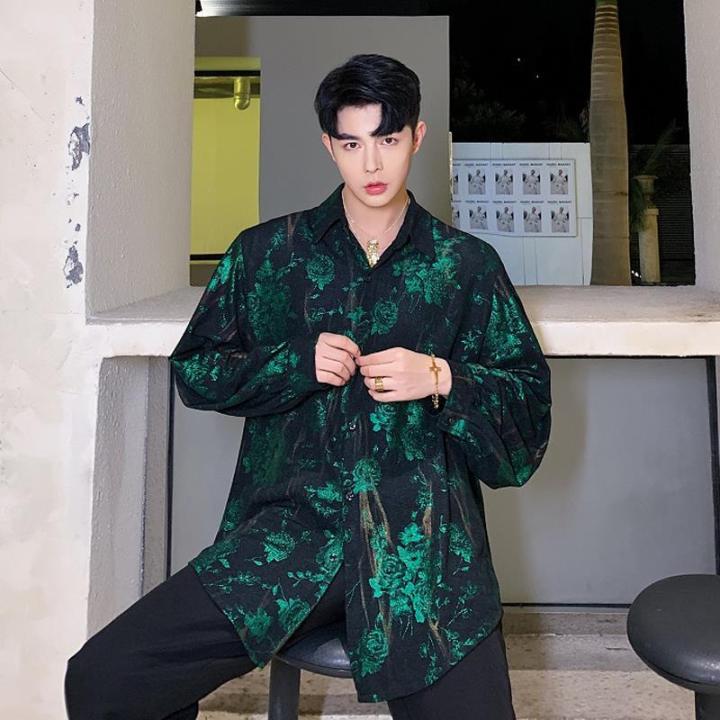 R Elegant Rose Printed Shirt Men's Loose Western Style High-Profile Figure Glossy Shirt Fashion ...