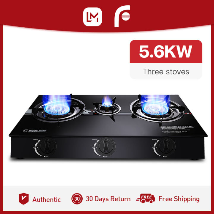 Three-burner gas stove, stainless steel body, tempered glass surface ...