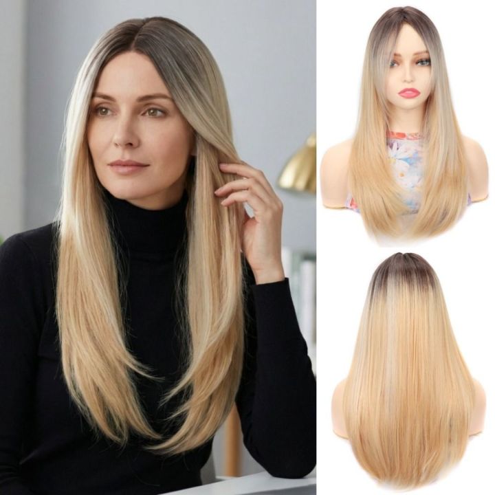 HUNIU Thời trang Tóc giả thẳng dài Tóc nhuộm ombre vàng sáng Phần giữa ...