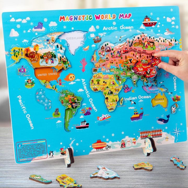 Wooden Magnetic World Map/Jigsaw Puzzles for Kids with Country Flash ...