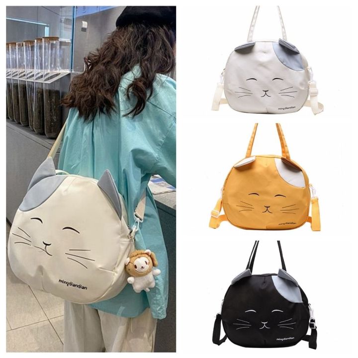 GHFT สไตล์วิทยาลัย กระเป๋าเมสเซนเจอร์แมวพิมพ์ลายไนลอน จุได้มาก ผ้าใบแคน ...