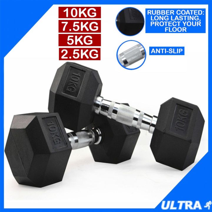 Hexagon Dumbbell 10KG 7.5KG 5KG 2.5KG Premium Rubber Coated Weight ...