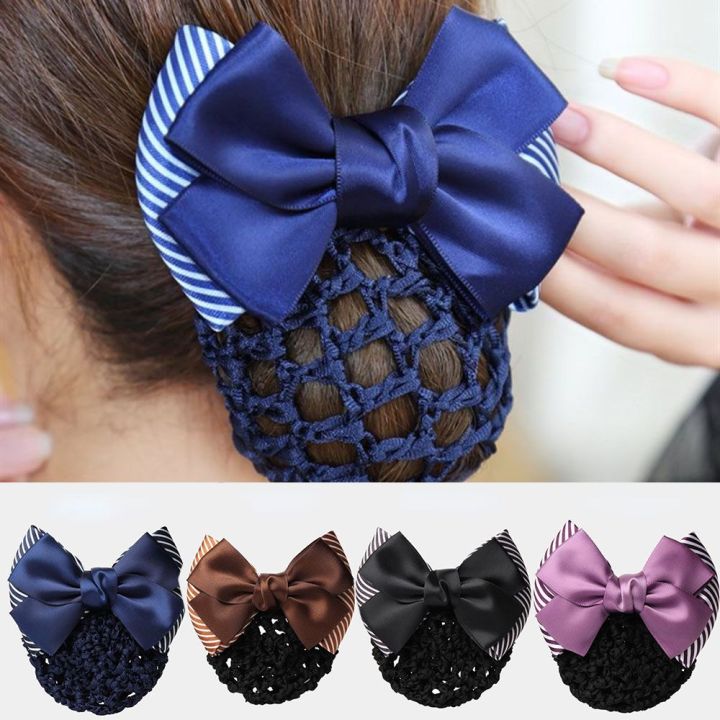 SEGDHYJG Phụ Nữ văn phòng Y tá Ribbon Bowknot Sọc Net Bun Crochet Net ...