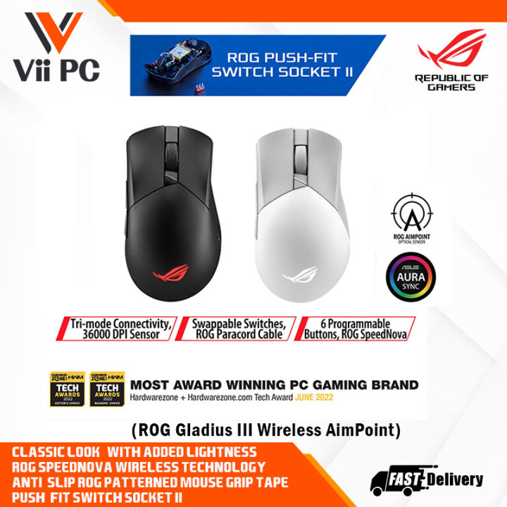 Asus ROG Gladius III Wireless AimPoint Gaming Mouse, Connectivity (2.4GHz RF, Bluetooth, Wired ...