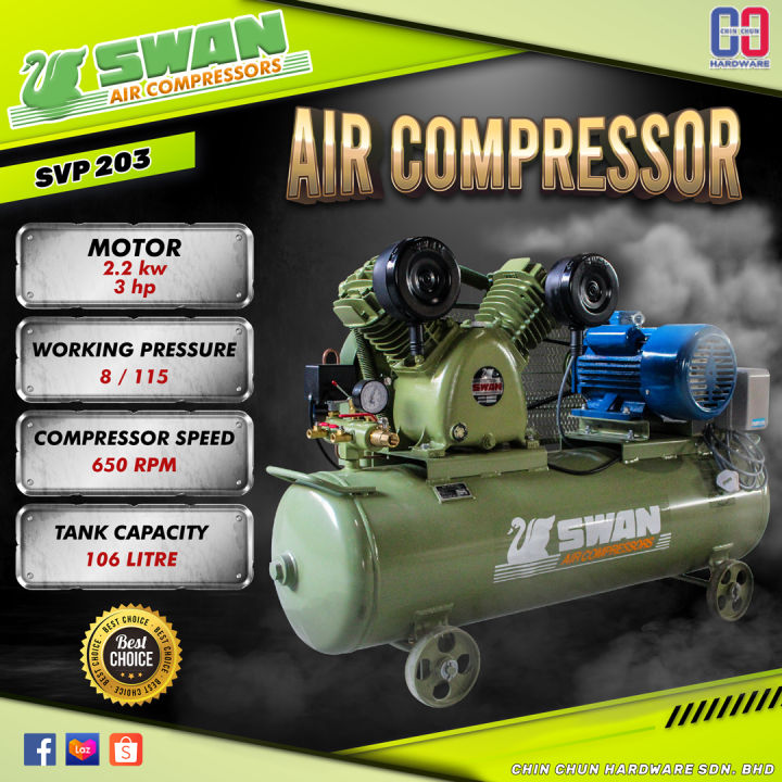 SWAN SVP-203 (2.2kW) 3HP 106 LTR RECIPROCAL HEAVY DUTY INDUSTRIAL AIR ...