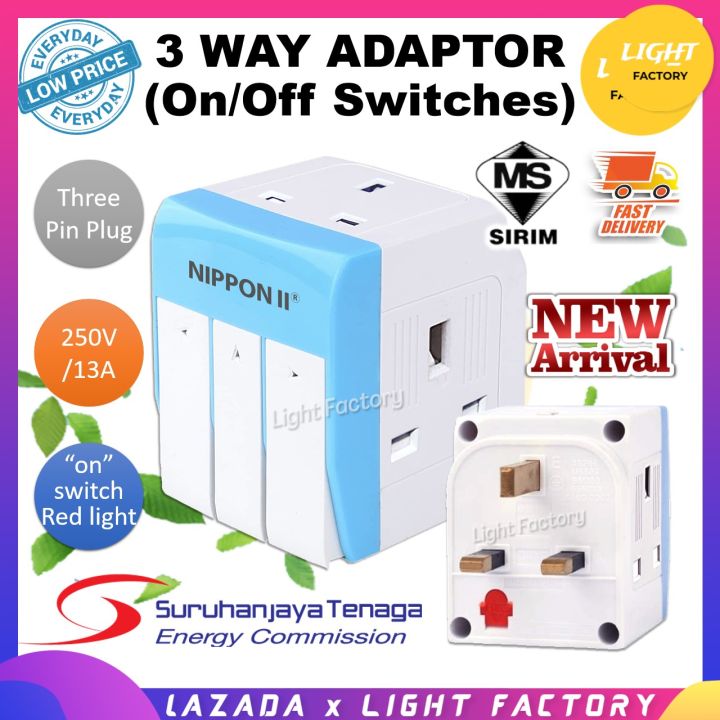 [sirim Approved] 3 Way Adapter With Switch 3 Way Multi Adaptor 13a 3 Pin Plug Socket With Neon