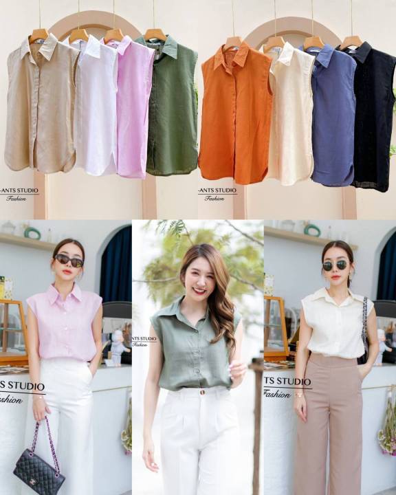 NARA 19 SHOP เสื้อเชิ้ตแขนกุด ลินิน งานป้าย | Lazada.co.th