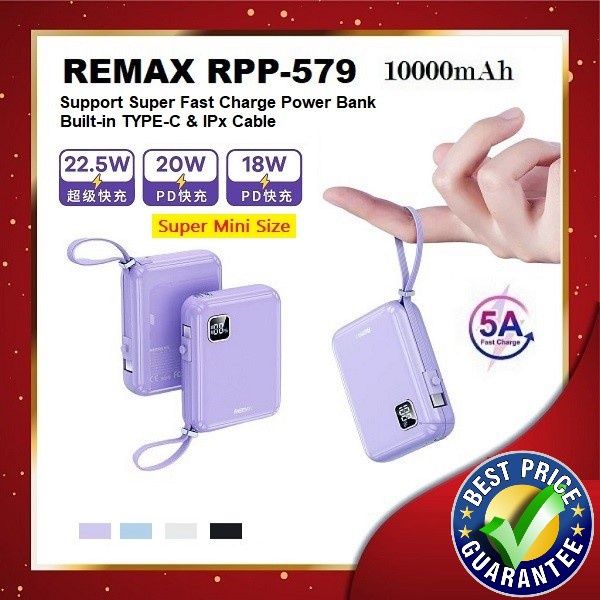 REMAX RPP-579 Super Mini Thin Super Fast Charge 22.5W Power Bank With Built In iPX & Type C ...