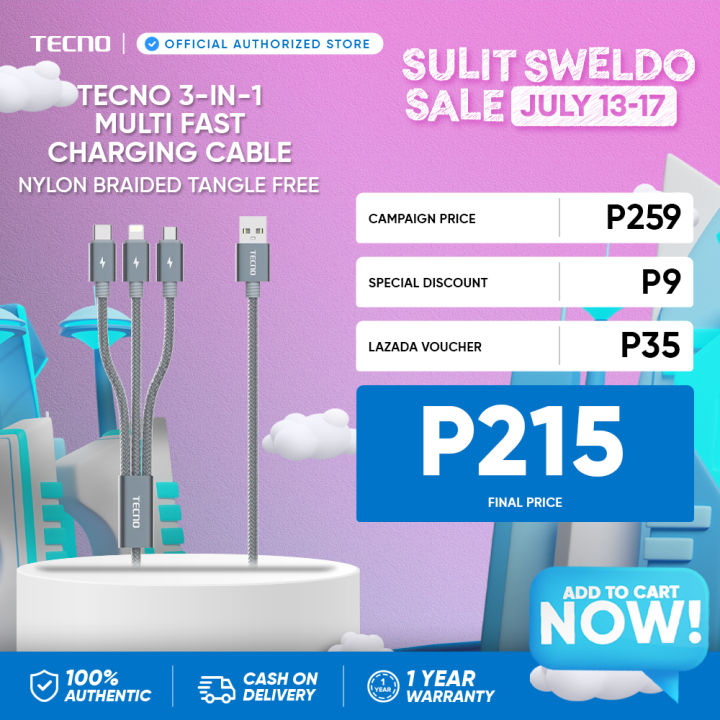 Tecno 3-in-1 Multi Fast Charging Cable | Nylon Braided | Universal ...