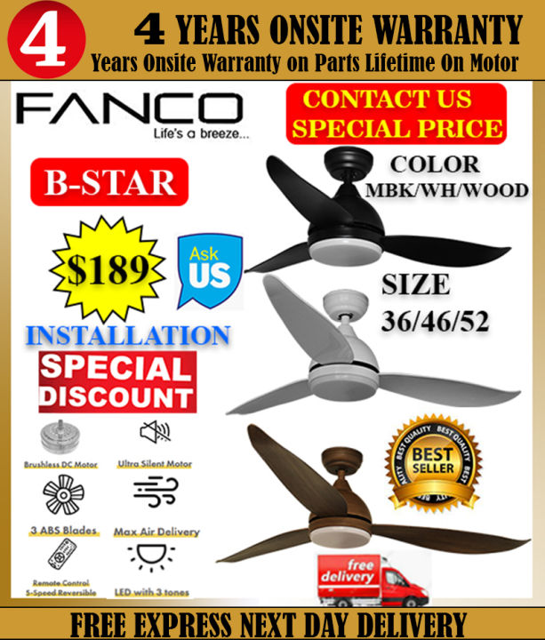 Fanco Ceiling fan with light Bstar 36 inch with 3-Tone LED Light and ...