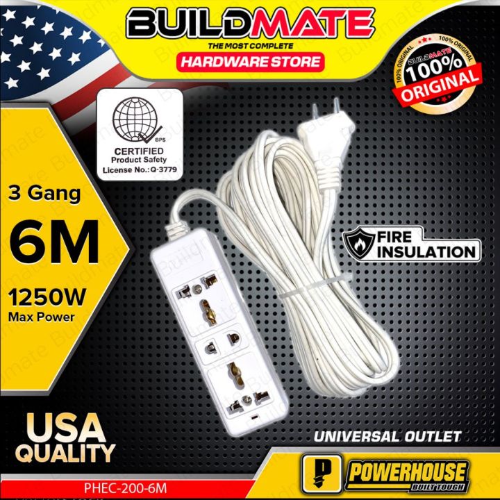 BUILDMATE Powerhouse 3-Gang 6M Extension Cord Universal Outlet Socket ...
