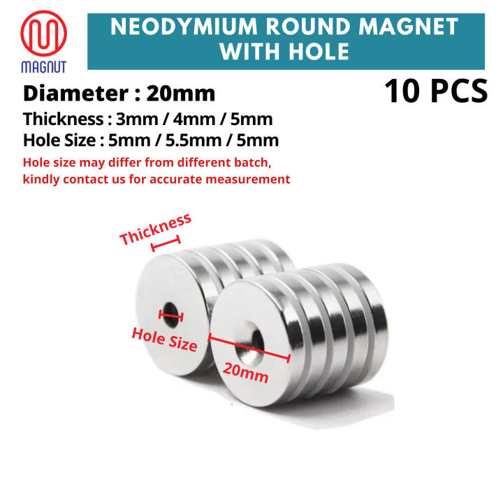 10 pcs - 20mm x 3mm/4mm/5mm - Neodymium Round Magnet with hole | Lazada
