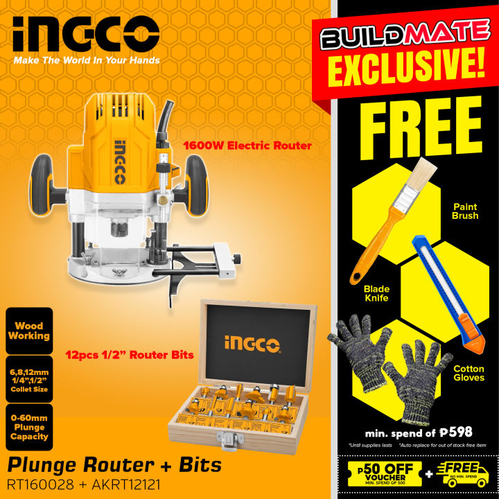 INGCO Plunge Router 1600W RT160028 + 12PCS Router Bits 1/2" AKRT12121 ...