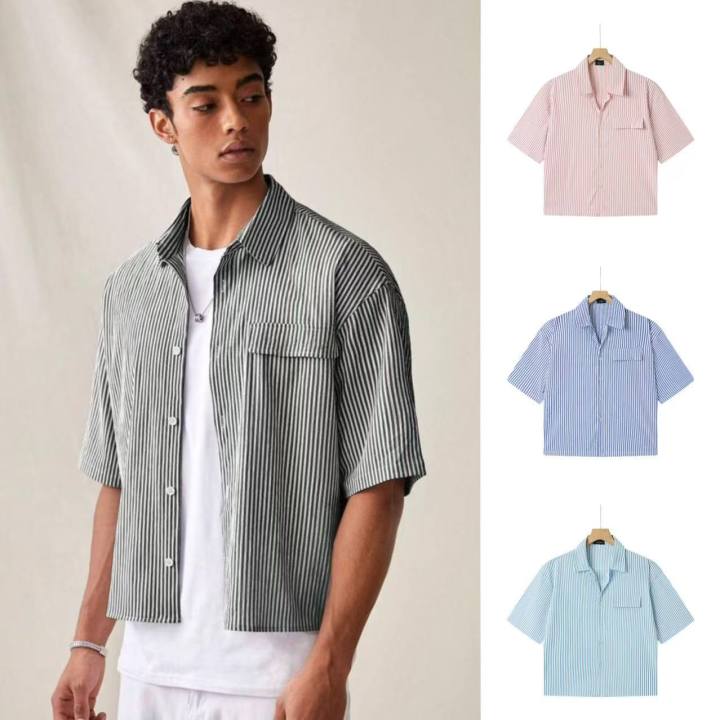 Kinwoo Men’s Striped Print Polo Shirt | Short Sleeve | Boxy Cropped Fit ...