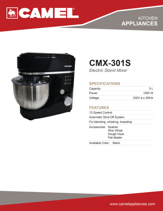 Camel CMX-301S Electric Stand Mixer 5L with 12-Speed Control (Black ...