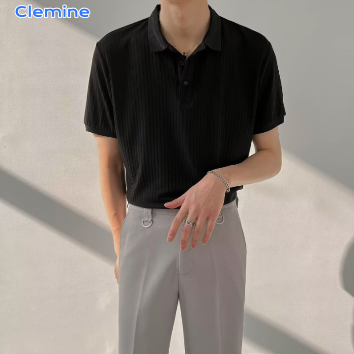 Clemine เสื้อโปโลคอปกผ้าไหมน้ำแข็งผู้ชายเสื้อโปโลแฟชั่นเข้ารูปแขนสั้น ...