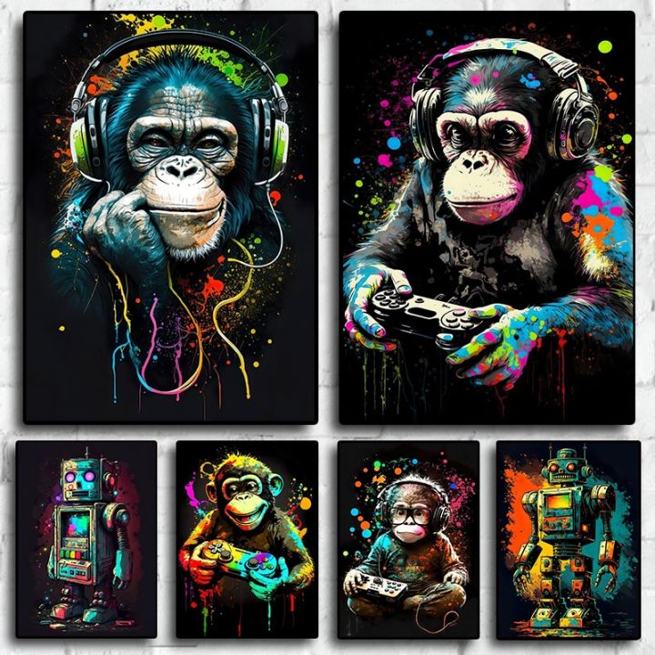80s Retro Funny Monkey Player Gamepad Picture For Gaming Room Living ...