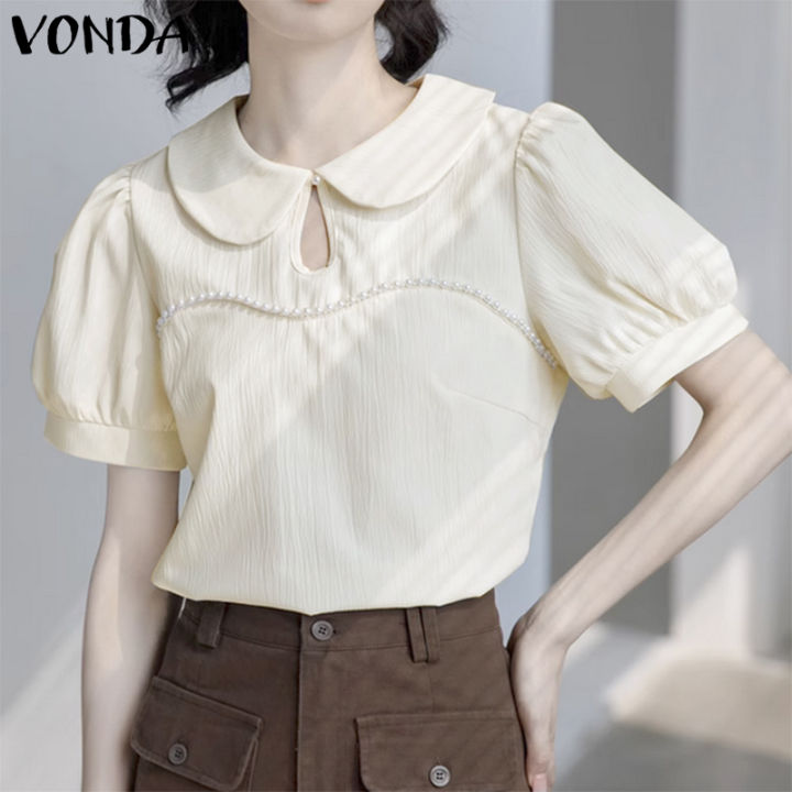 VONDA เสื้อเบลาส์นุ่มสบายๆของผู้หญิงแขนพองสั้นสวยเสื้อประดับด้วยลูกปัด ...