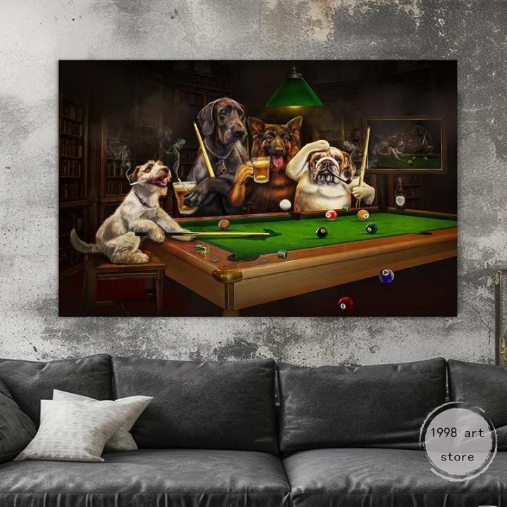1 Piece Humorous Animal Dogs Playing Billiards Art Poster Canvas ...