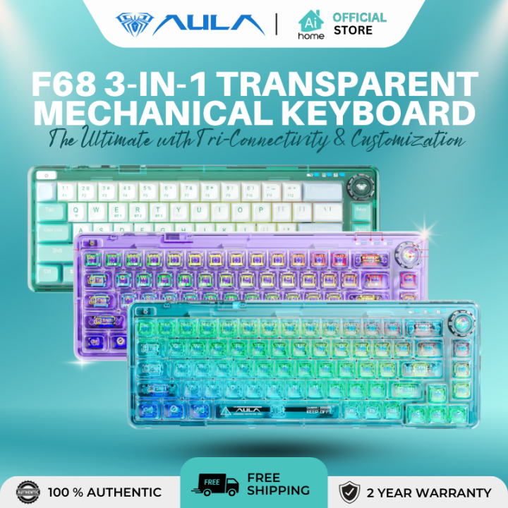 AULA F68 3-in-1 Hot-Swappable Transparent Mechanical Gaming Keyboard 68 Keys Gasket-Mounted RGB ...