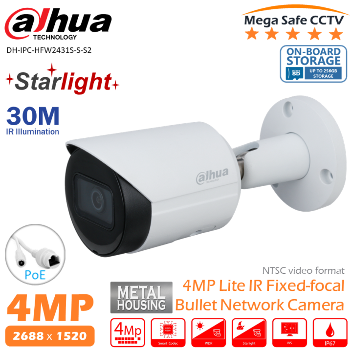 Dahua DH-IPC-HFW2431S-S-S2 4MP Lite IR Fixed-focal Bullet Network Camera, Starlight, 30m IR ...
