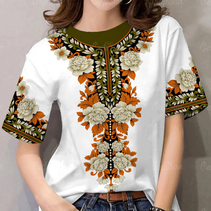 Retro Floral T-Shirt Bohemian Retro Ethnic Style Full Printed Short ...