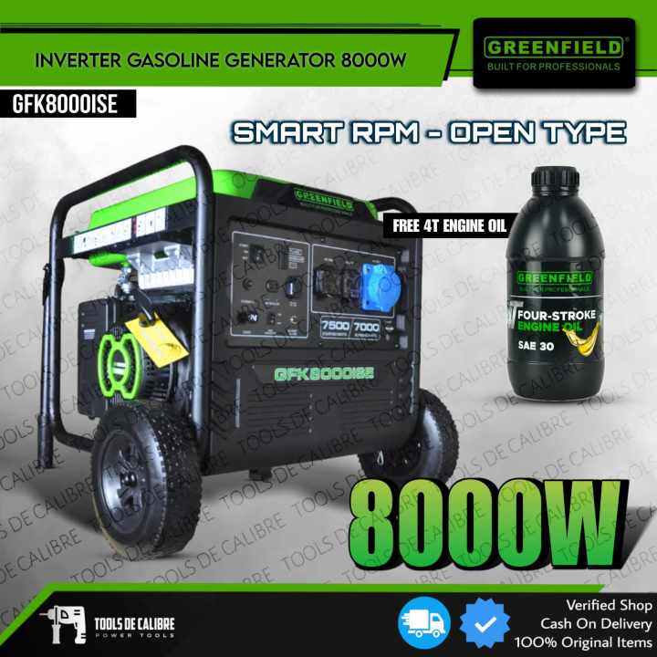GREENFIELD Inverter Generator Gasoline 8000W 60Hz Smart RPM-Open Type with FREE 4T Engine Oil ...
