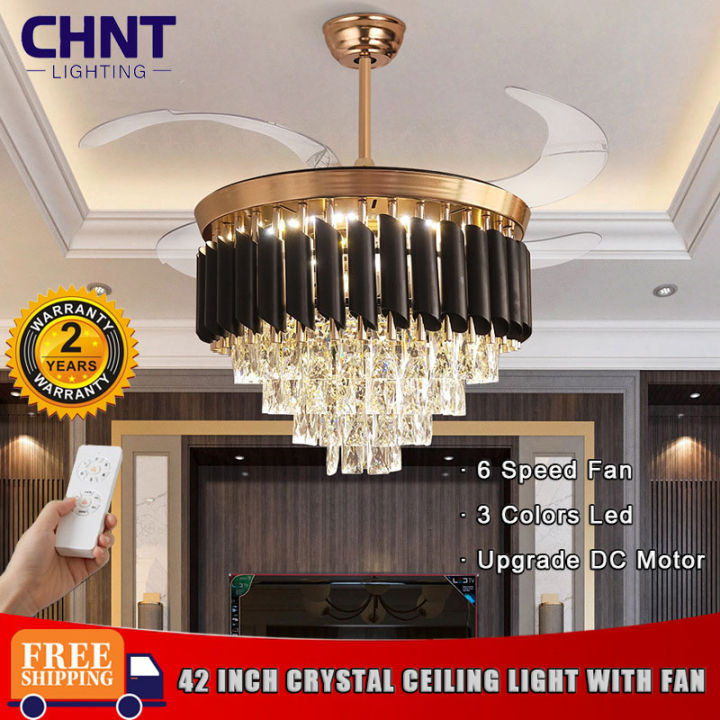 CHNT 42 Inches Retractable Crystal Ceiling Fans with Lights and Remote ...