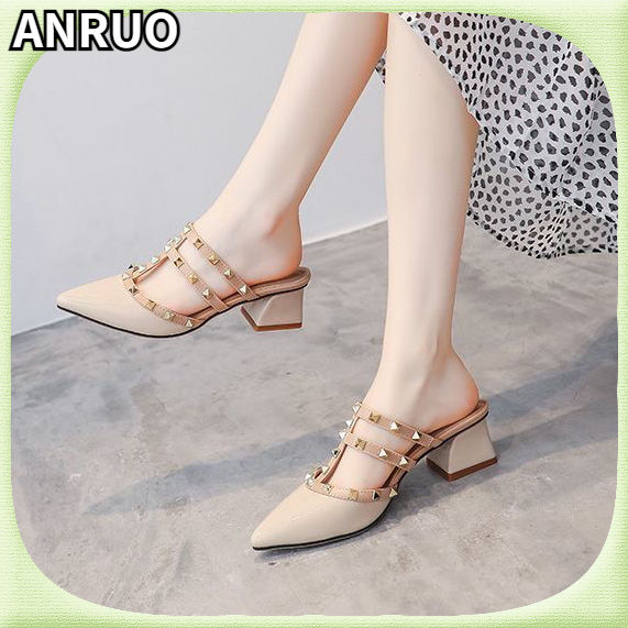 Anruo เป่าโถวรองเท้าแตะครึ่งสวมใส่2022ฤดูร้อนใหม่นางฟ้าสไตล์กลางหนาส้น 5955
