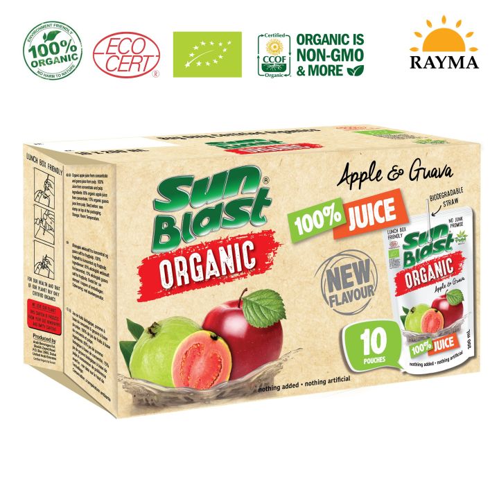 SUNBLAST 100% Organic Apple-Guava Juice, Halal, 200ml x 10 pouches | Lazada