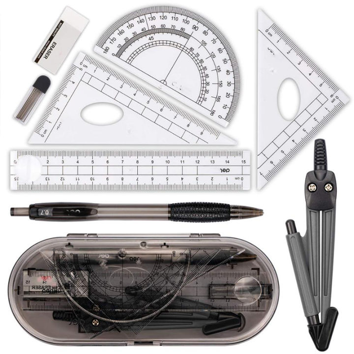 8PCS/Set Protractor Drawing Compasses Ruler Kit Triangle Ruler Eraser ...