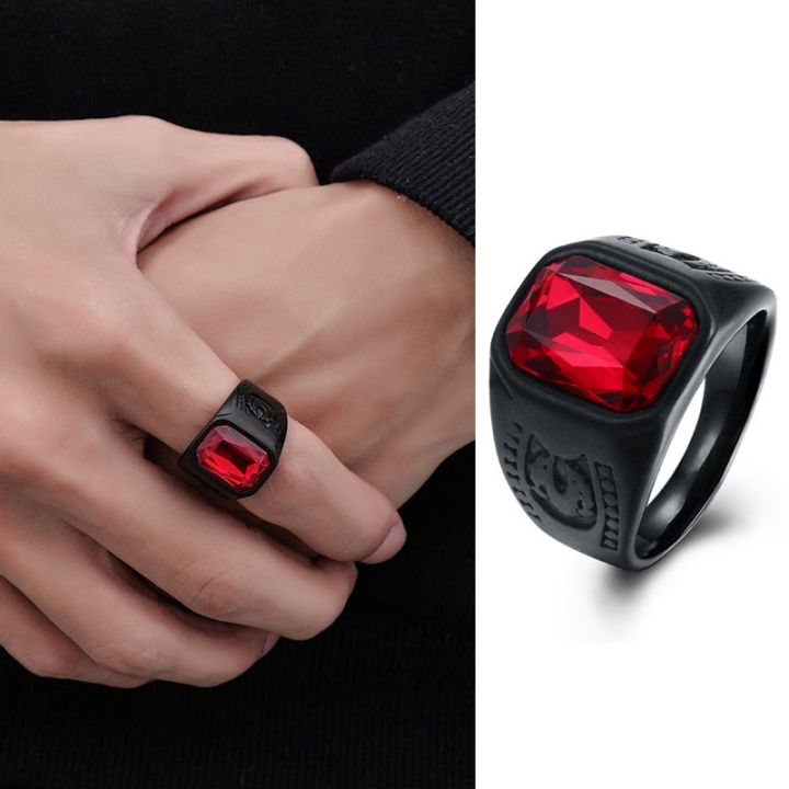 Ruby Black Titanium Steel Ring for Men Accessories Fashion Punk Jewelry ...