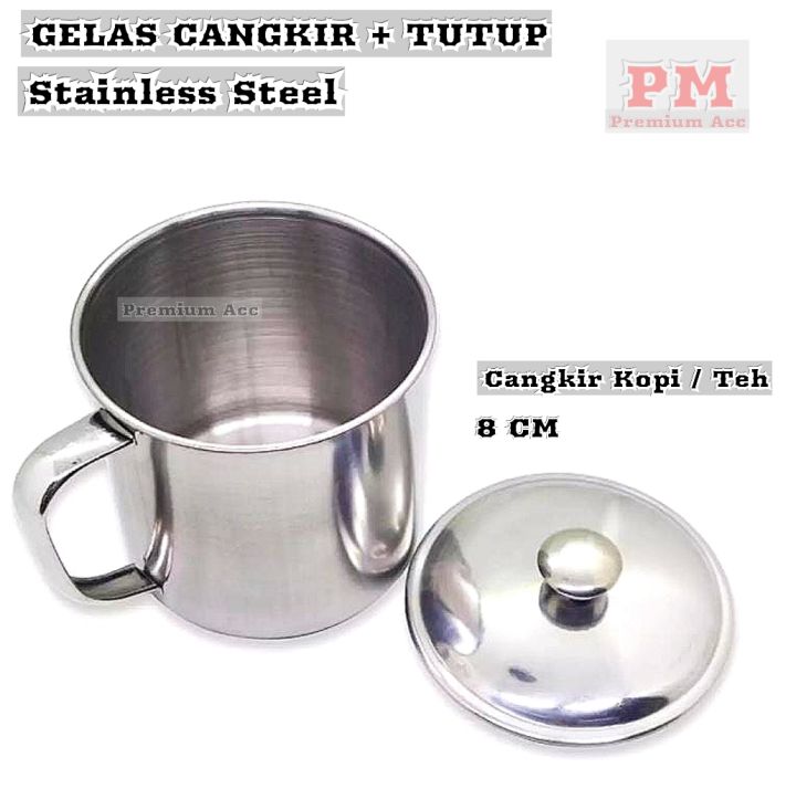 Gelas Cangkir Stainless + Tutup / Gelas Stainless 8CM / Cangkir Gelas Dengan Tutup / Mug Tea ...