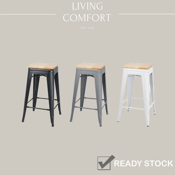 2 UNITS TOLIX METAL BAR STOOL 24" 68cm with WOODEN SEAT / Kerusi bar ...