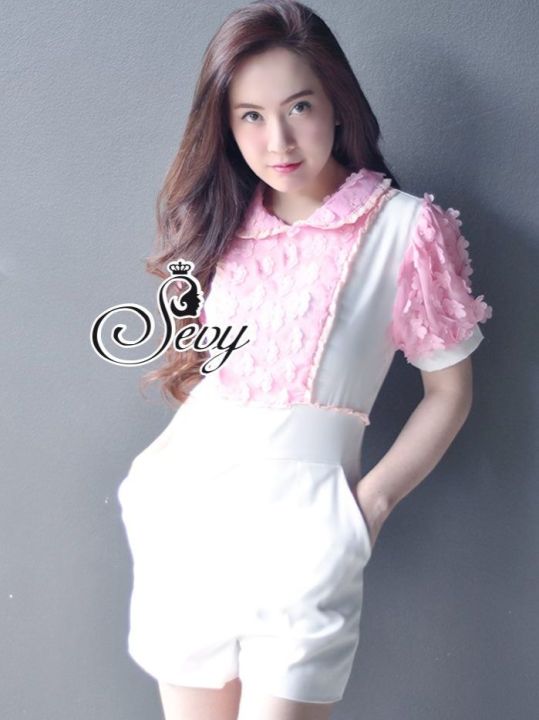เพลย์สูท (จั้มขาสั้น) SEVY / Sevy Babydoll Sweet Sakura Young Creative Playsuit ดีเทลปักดอกไม้สี ...