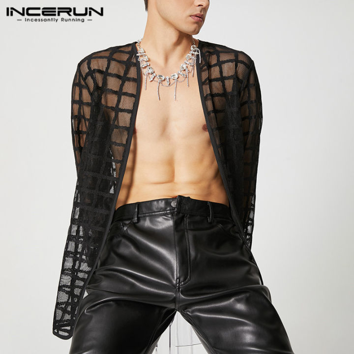 Incerun Men Causal Beacher Baggy Checked Cardigans See Through Kimonos สไตล์ตะวันตก Th