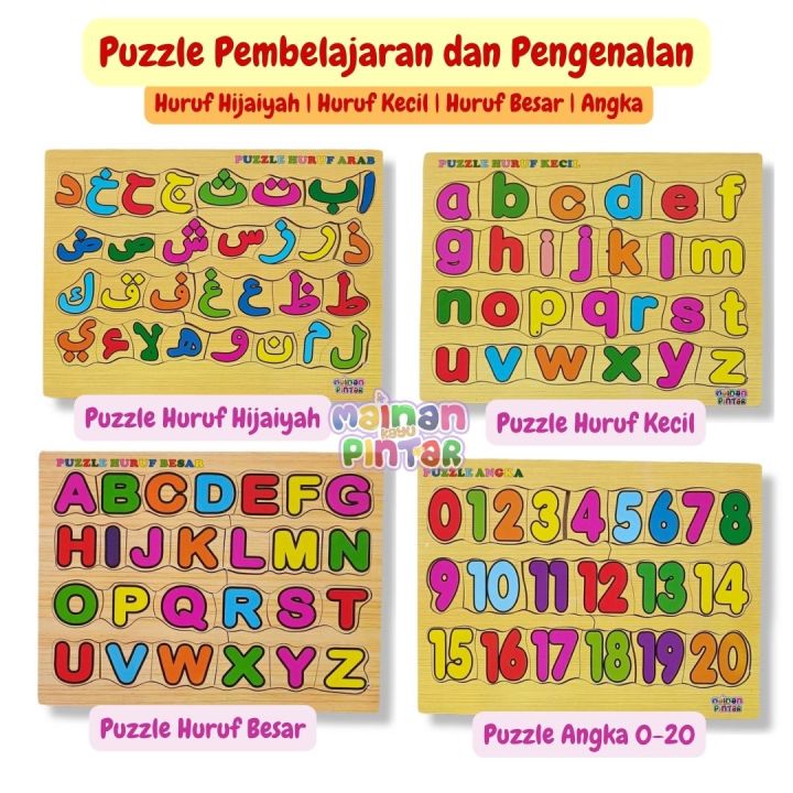 Puzzle Kayu Pengenalan Huruf Hijaiyah Huruf Alphabet Dan Angka - Mainan ...
